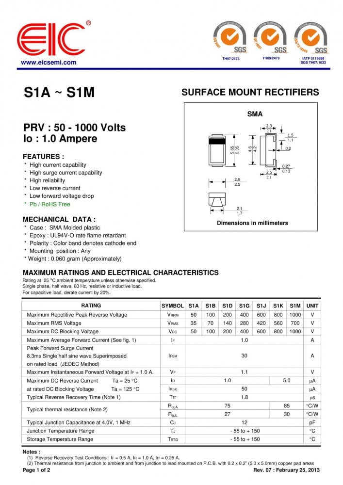EIC S1J datasheet page 1