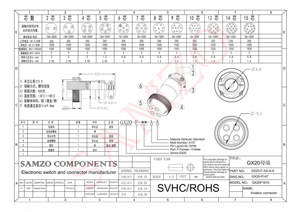 SAMZO GX20 connector technical drawing page 1