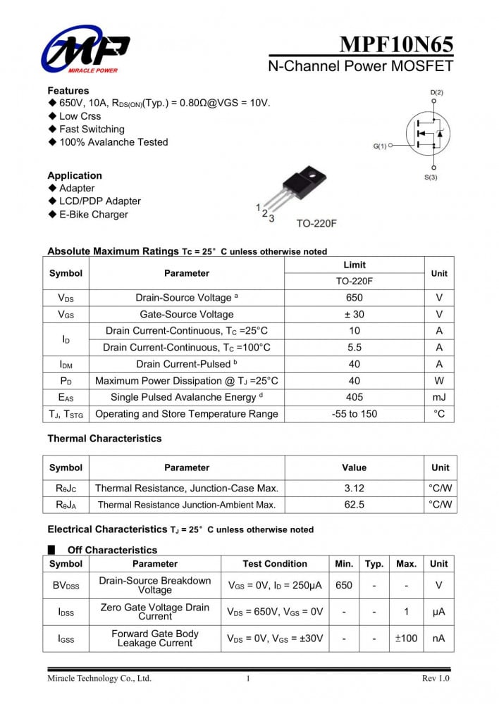 MPF10N65 datasheet page 1