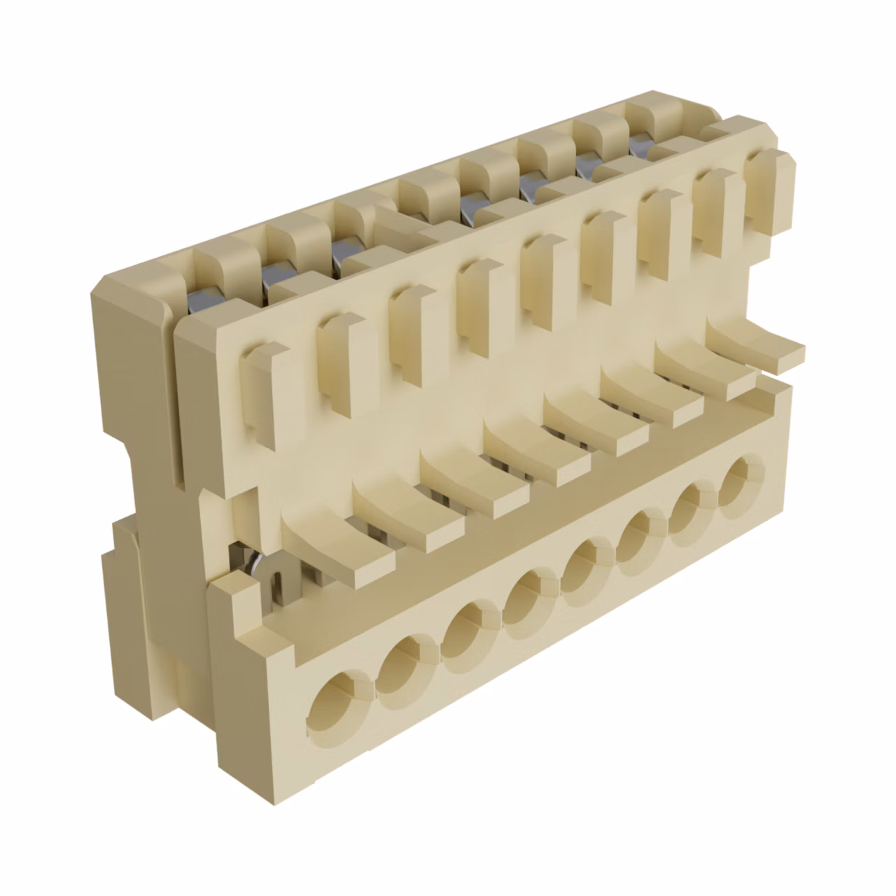 Appli-Mate RAST 2.5 Connector, 2.50mm Pitch, Female, 8 Circuits, Positions A and I Removed, Polarizing Rib Between 7/8, Locking Pips, Open Endwalls, Tin Plating