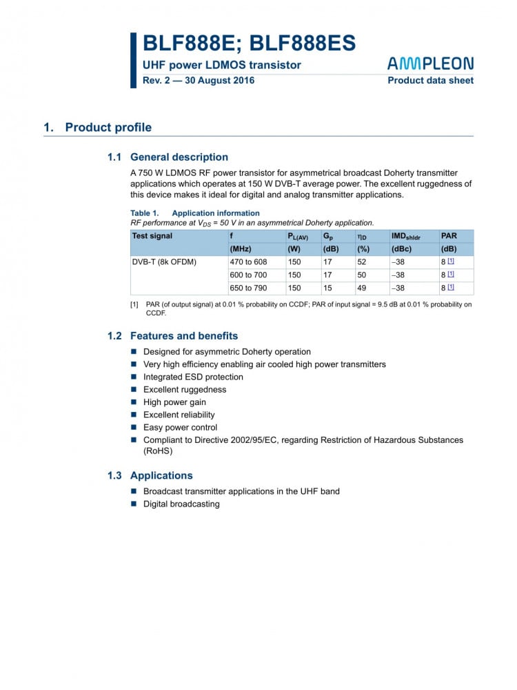 BLF888ESU datasheet page 1