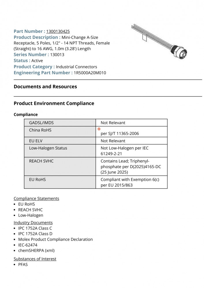 MOLEX 1300130425 documentation page 1