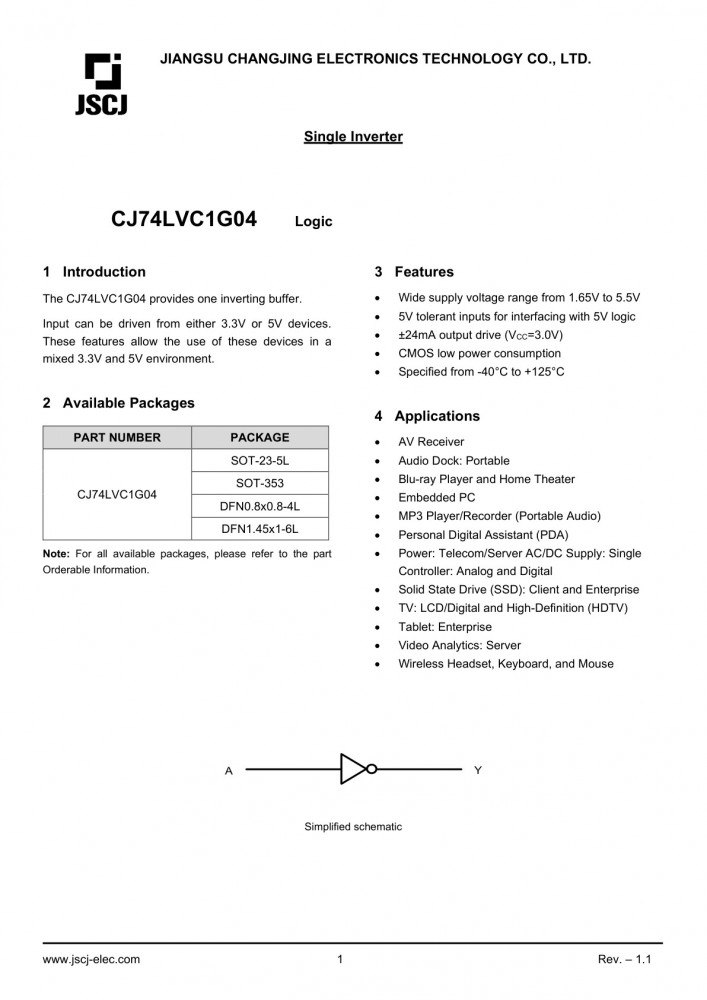 CJ74LVC1G04DJN datasheet page 1