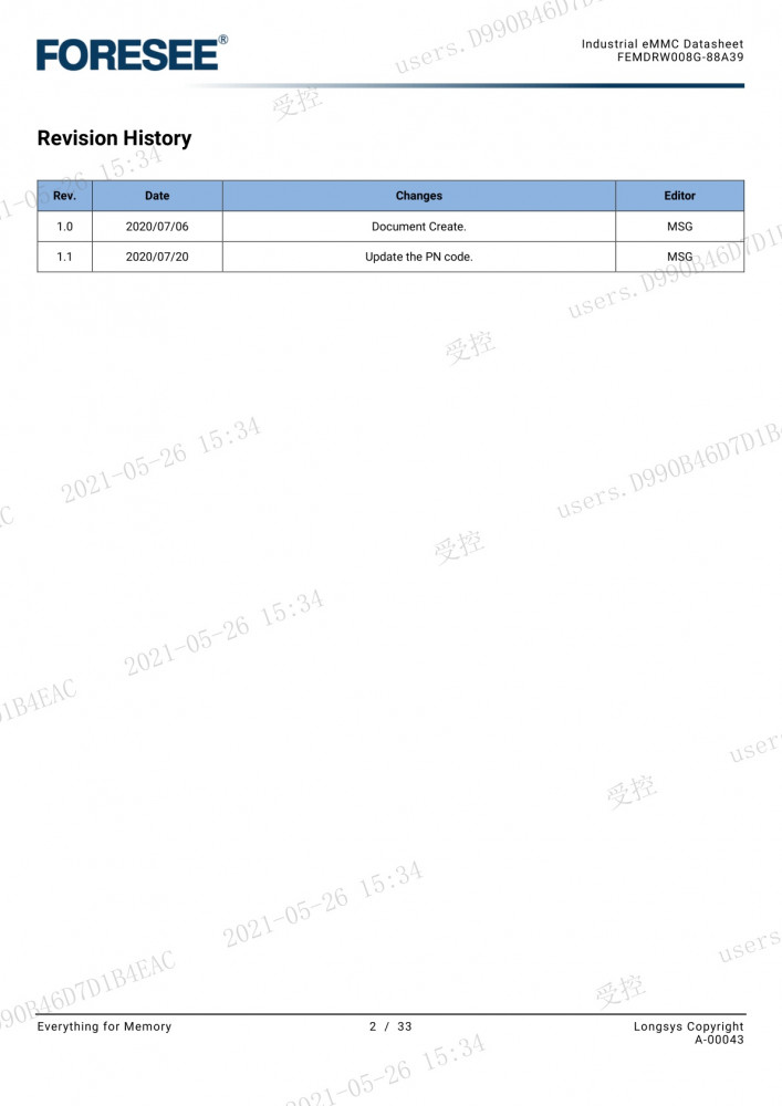 FORESEE eMMC datasheet page 2