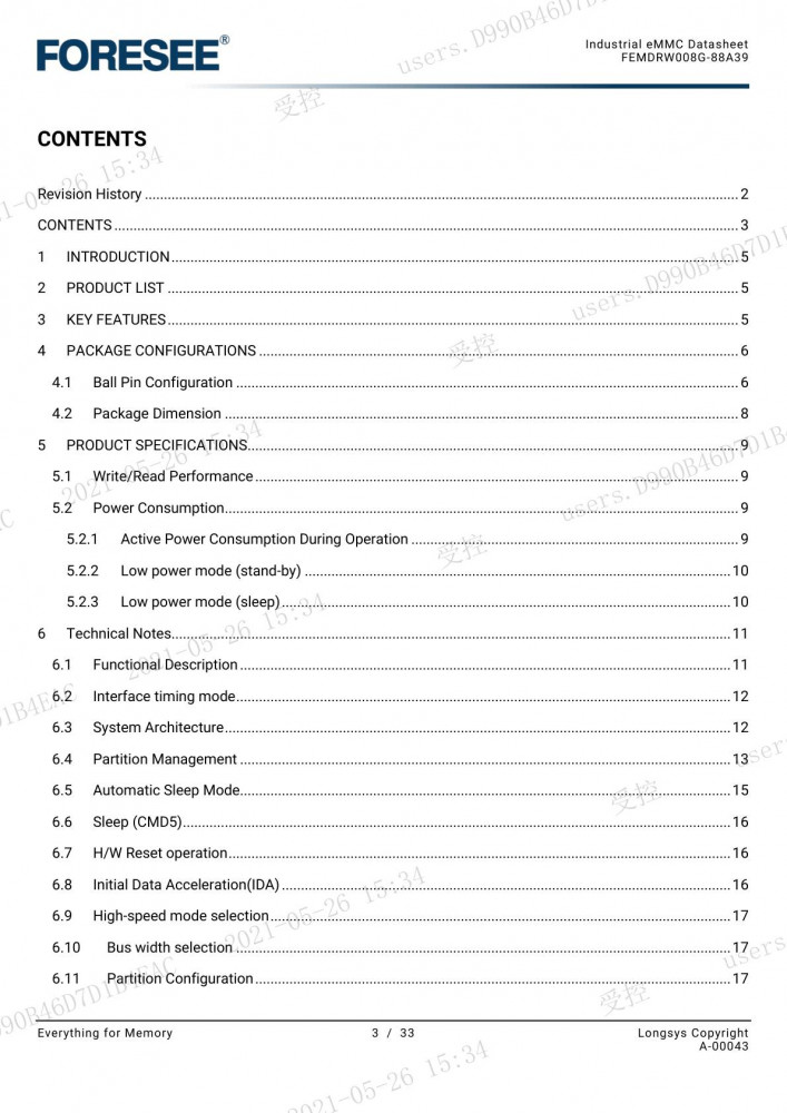 FORESEE eMMC datasheet page 3