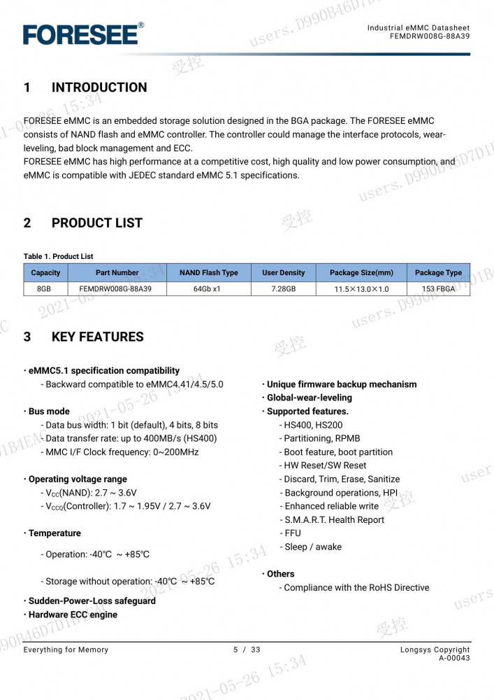FORESEE eMMC datasheet page 5