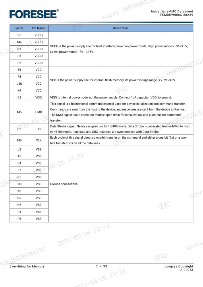 FORESEE eMMC datasheet page 7