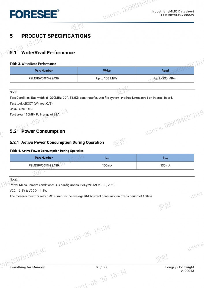 FORESEE eMMC datasheet page 9