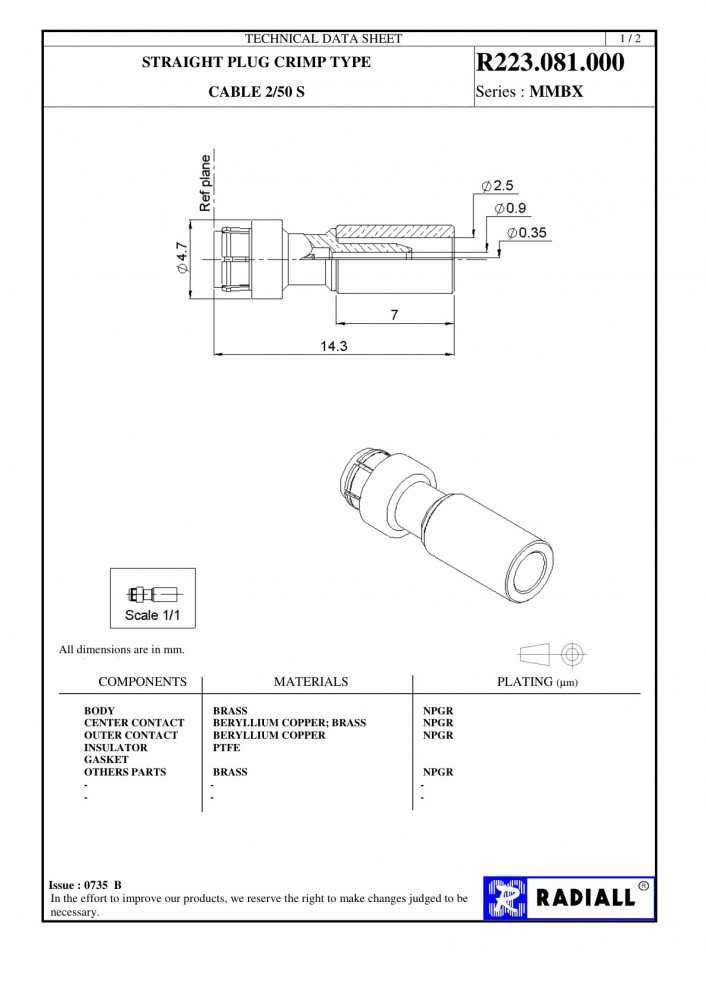 Radiall R223081000 MMBX straight crimp plug datasheet, page 1