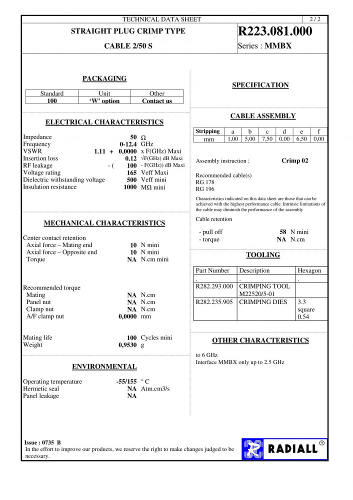 Radiall R223081000 MMBX straight crimp plug datasheet, page 2