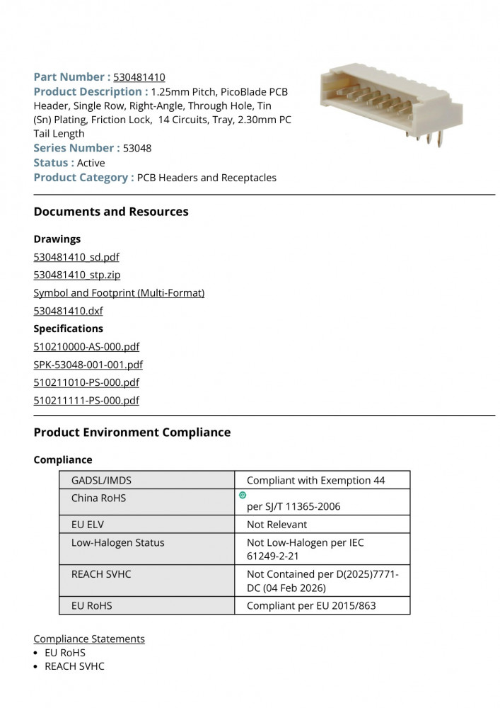 MOLEX 530481410 technical document preview, page 1