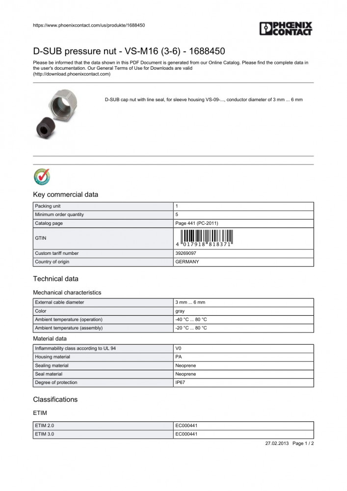 Phoenix Contact 1688450 product document page 1