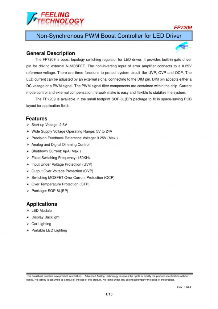 FP7209 datasheet page 1