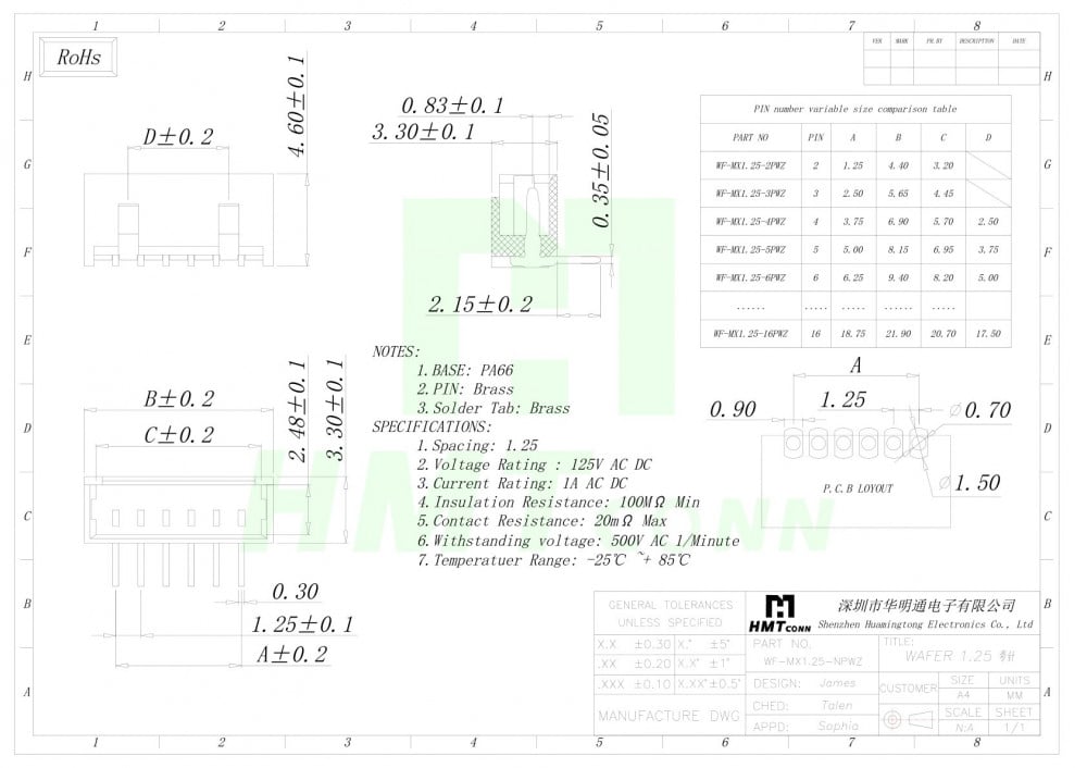 HMTCONN WF-MX1.25-4PWZ technical drawing
