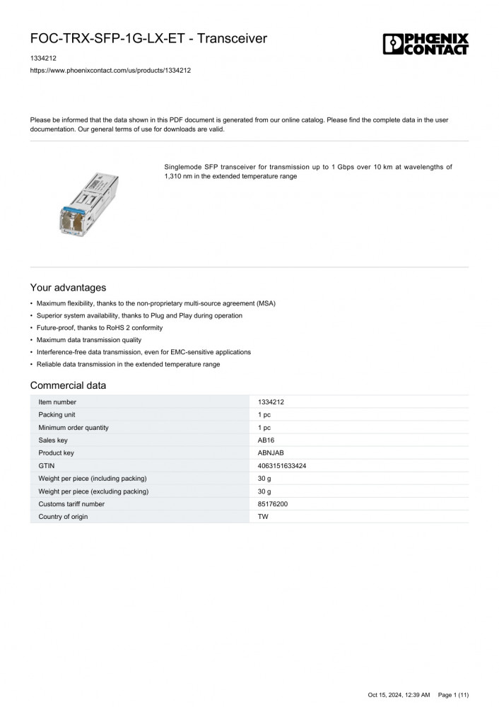 Phoenix Contact 1334212 technical document page 1