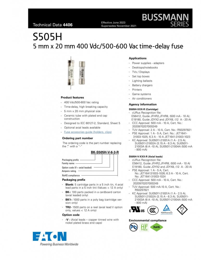 EATON S505H fuse datasheet page 1