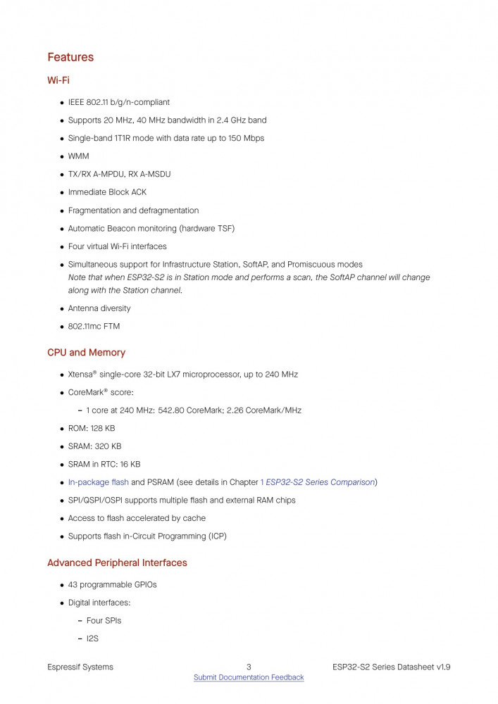 ESP32-S2 datasheet preview, page 3