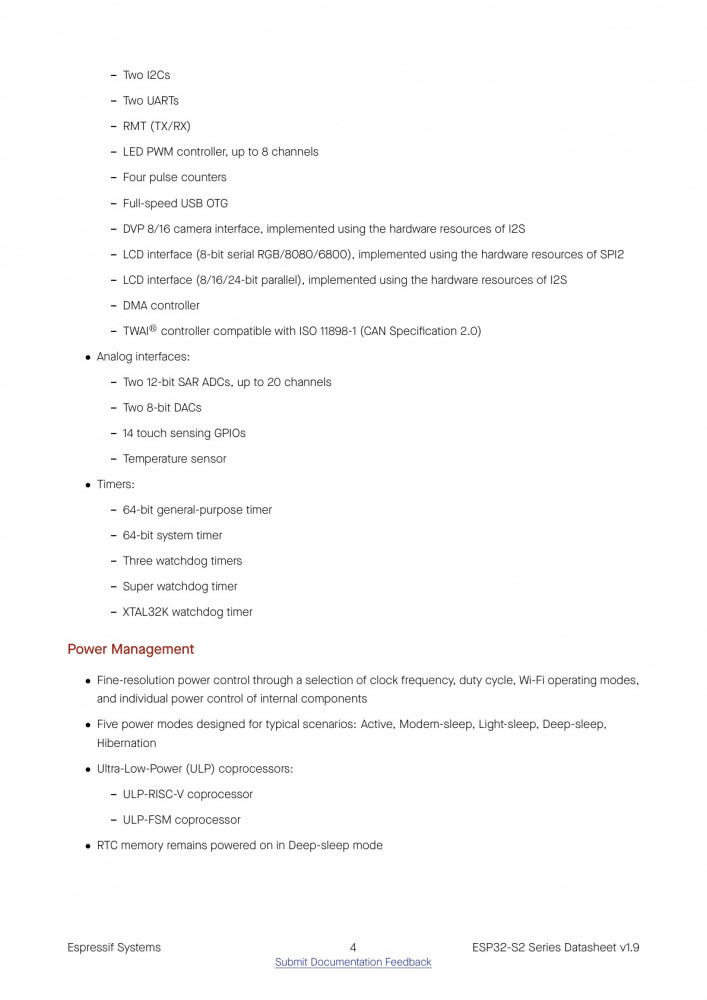 ESP32-S2 datasheet preview, page 4