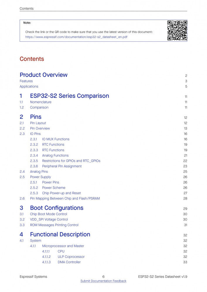 ESP32-S2 datasheet preview, page 6