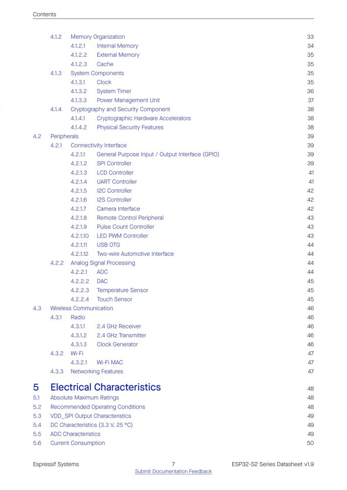 ESP32-S2 datasheet preview, page 7
