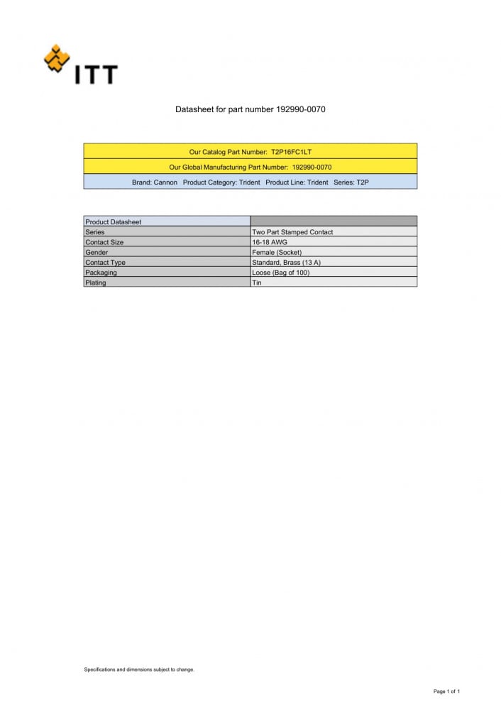 ITT CANNON 192990-0070 datasheet preview