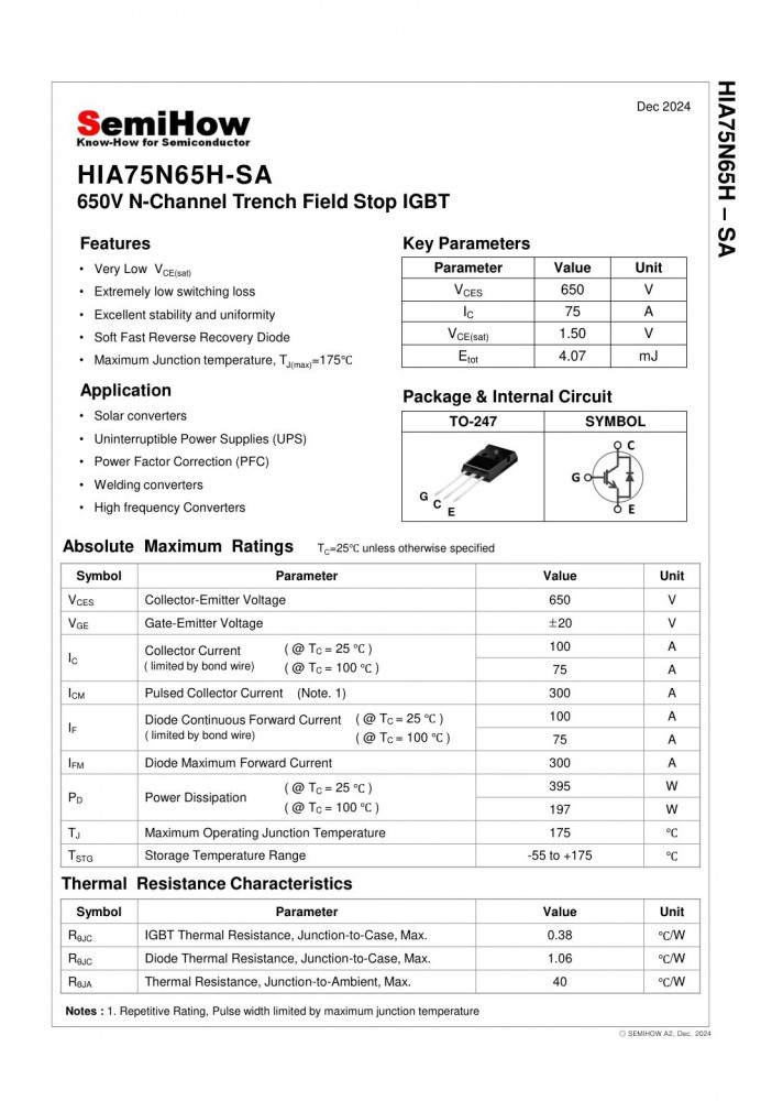 HIA75N65H-SA datasheet page 1