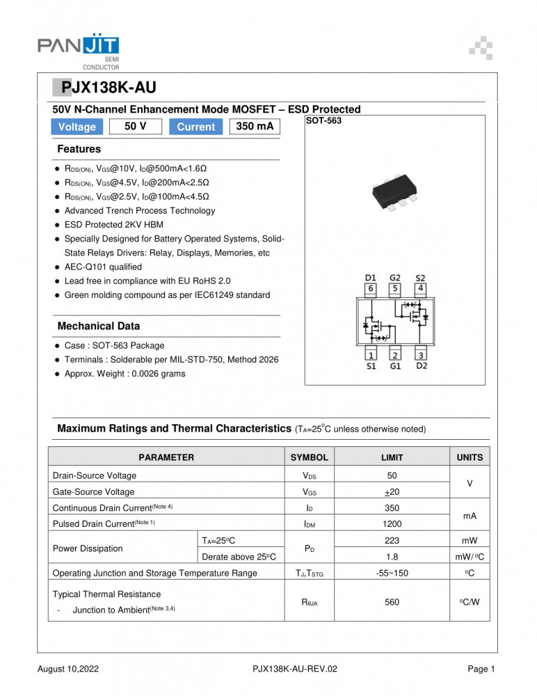 PJX138K-AU datasheet page 1