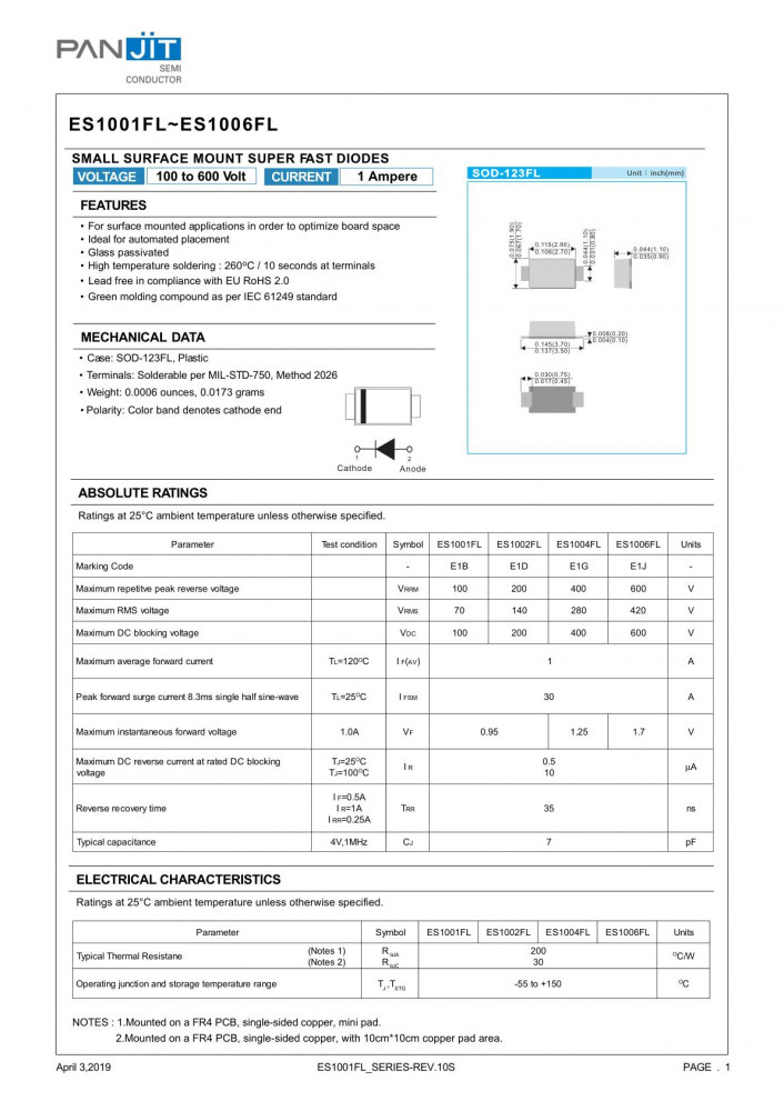 PANJIT ES1002FL datasheet page 1