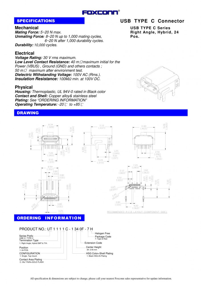 FOXCONN UT1111C-1340F-7H technical drawing