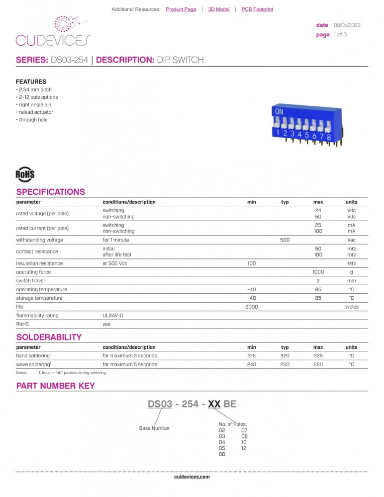 CUI DS03-254-05BE datasheet page 1