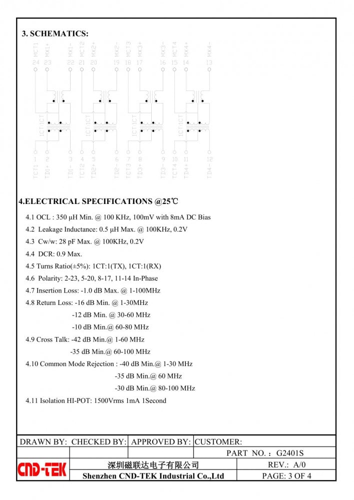 G2401S schematics and electrical specifications page
