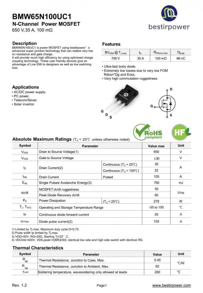 BMW65N100UC1 datasheet page 1