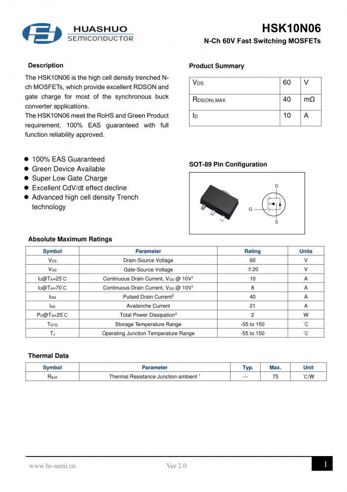 HSK10N06 datasheet page 1