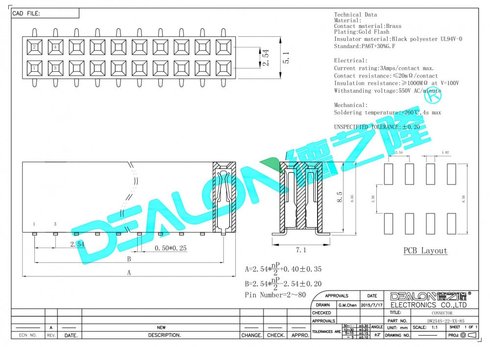 DEALON DW254S-22-20-85 connector technical drawing