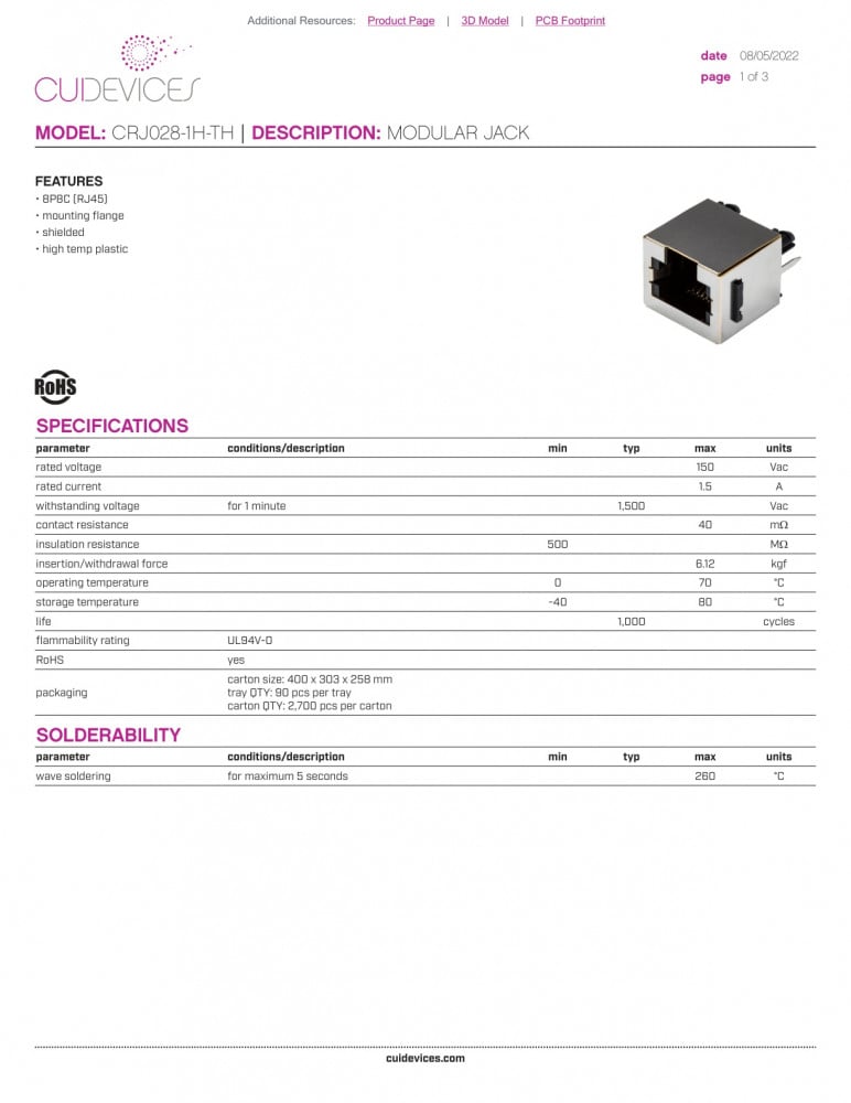 CRJ028-1H-TH technical document page 1