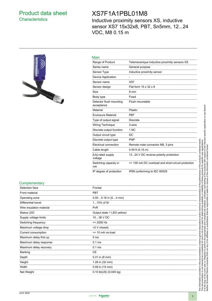 XS7F1A1PBL01M8 technical document page 1