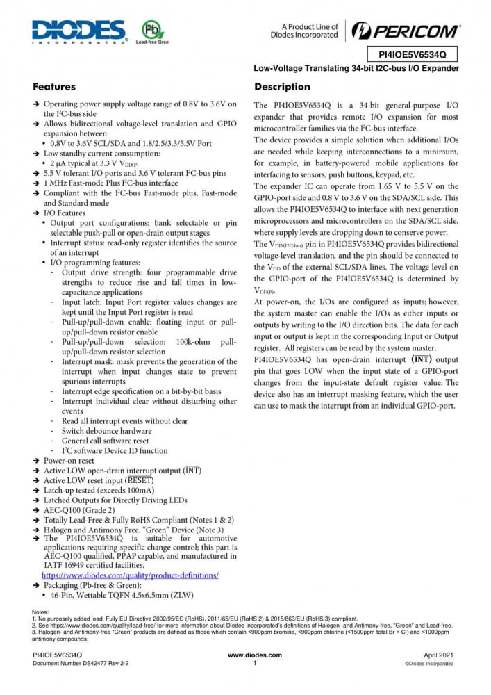 PI4IOE5V6534Q2ZLWEX datasheet page 1