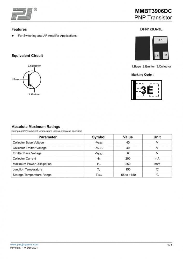 MMBT3906DC datasheet page 1
