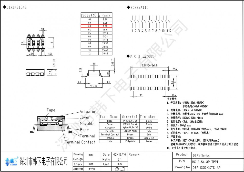HX 2.54-3P TPPT technical drawing page 1