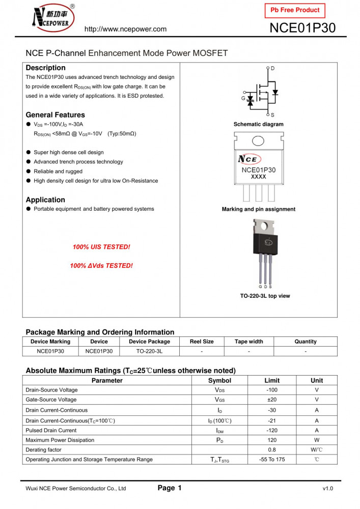 NCE01P30 datasheet page 1