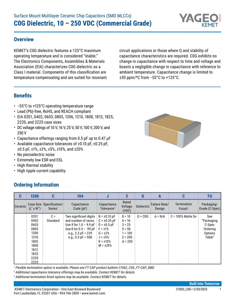 KEMET C0G datasheet page 1