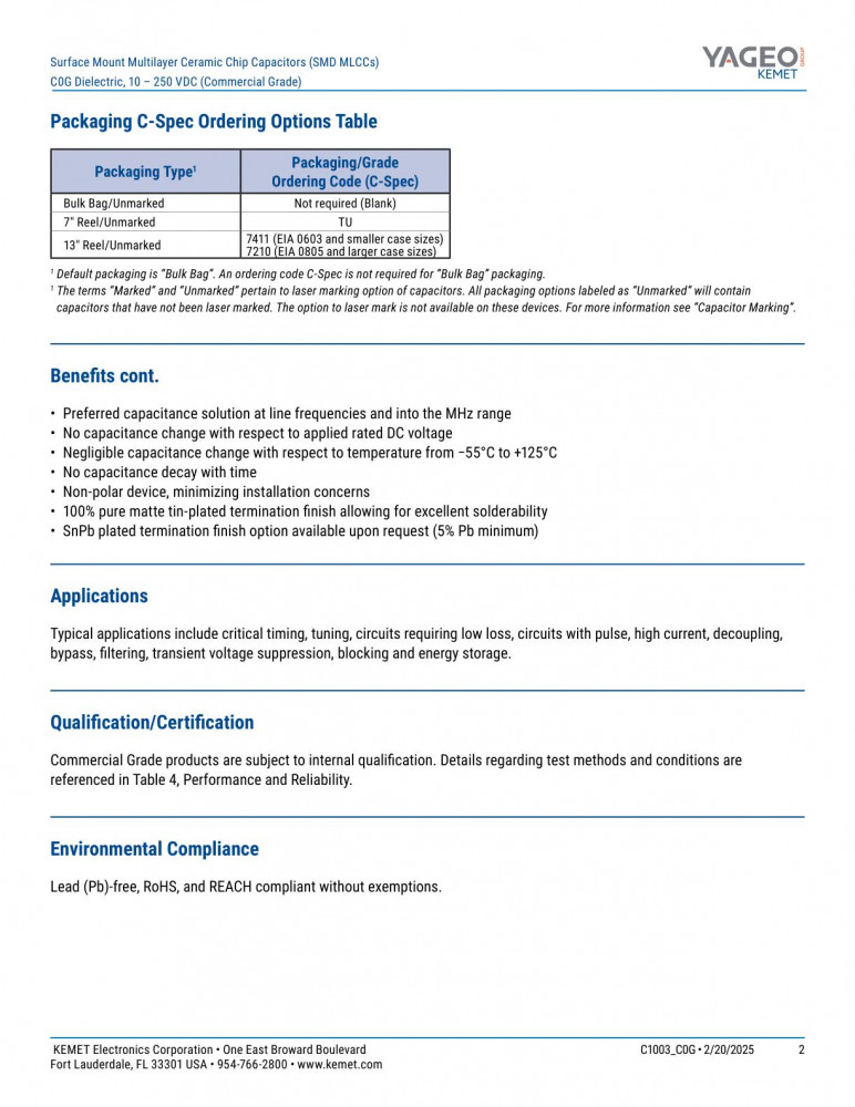 KEMET C0G datasheet page 2