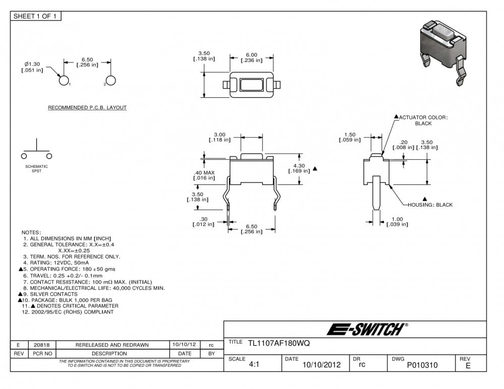 E-Switch TL1107AF180WQ technical drawing page