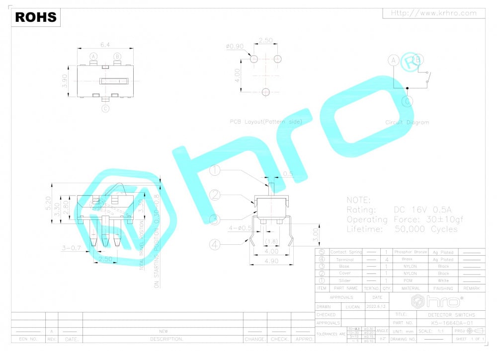 K5-1664DA-01 detector switch technical drawing
