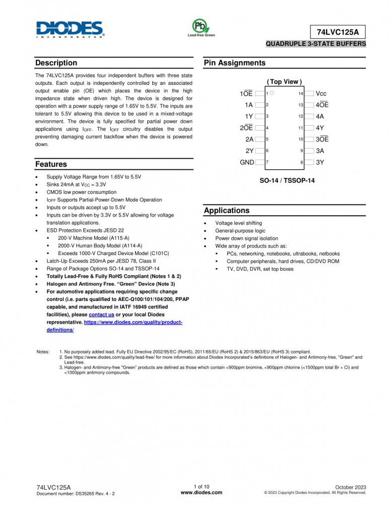 74LVC125AS14-13 datasheet page 1
