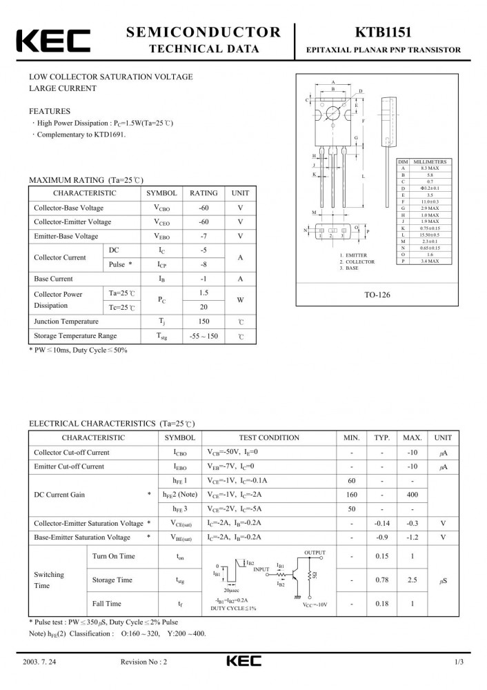 KTB1151-Y-U/PH datasheet page 1