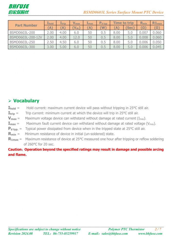 BHFUSE BSMD0603L-110 datasheet page 2