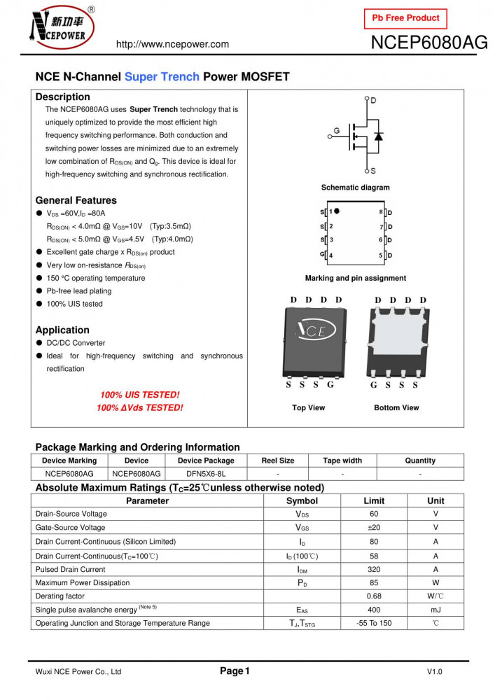 NCEP6080AG datasheet page 1