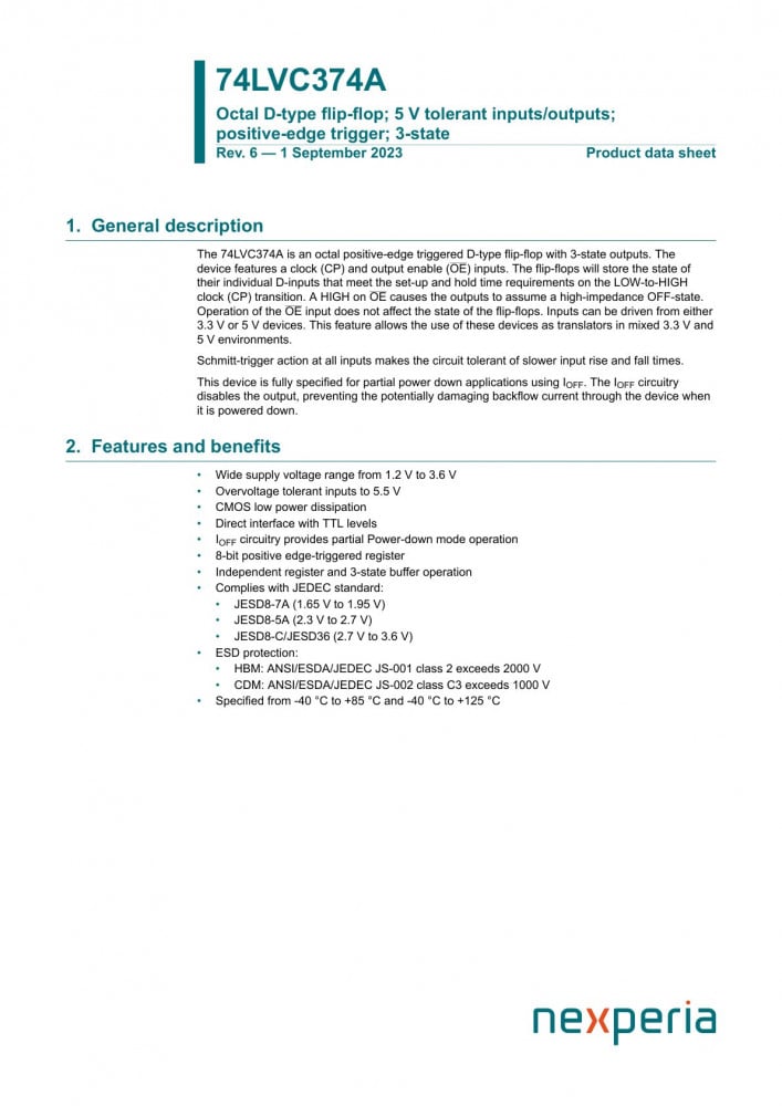 74LVC374A datasheet page 1
