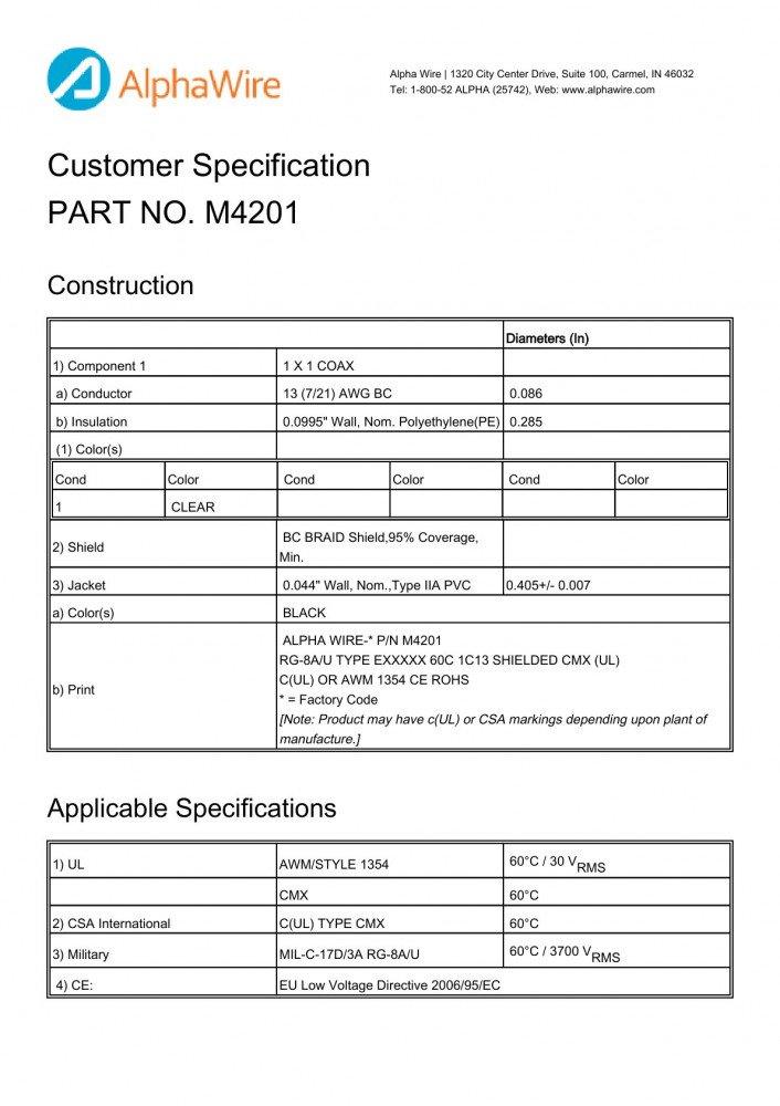 Alpha Wire M4201 specification page 1